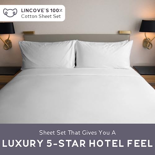 Lincove 100% Cotton Sateen 4 Piece Bed Sheet Set – 400 Thread Count, Ultra Soft Luxury Sheets with 15” Deep Pockets - Includes 1 Fitted Sheet, 1 Flat Sheet, 2 Pillowcases (King, White)