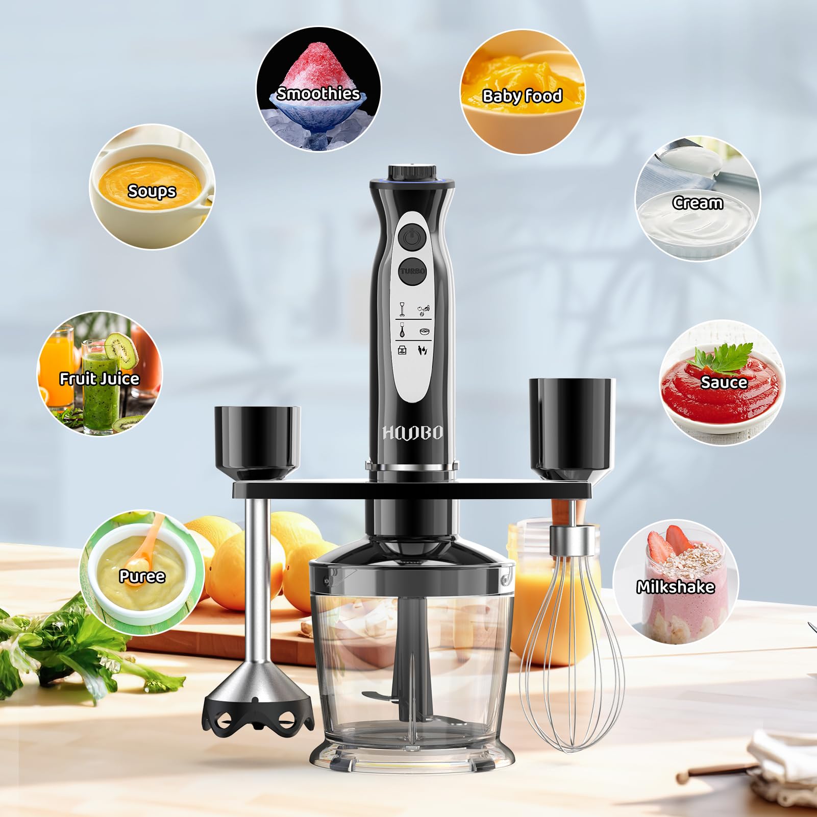 HOVOBO Immersion Blender Handheld 1000W Powerful Scratch Resistant Hand Blenders for Kitchen, Stick Blender Immersion Variable Speed and Turbo Mode, Low-Noise, Beaker Chopper Whisk Milk Frother