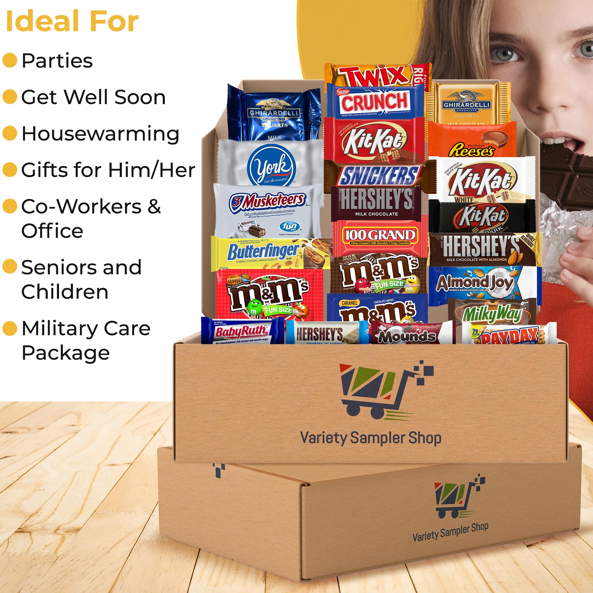Chocolate Candy Variety Pack Gift Box - 50 Fun Size Candy Bars Assortment - Adult Chocolate Gifts for Women, Birthday, College Care Package