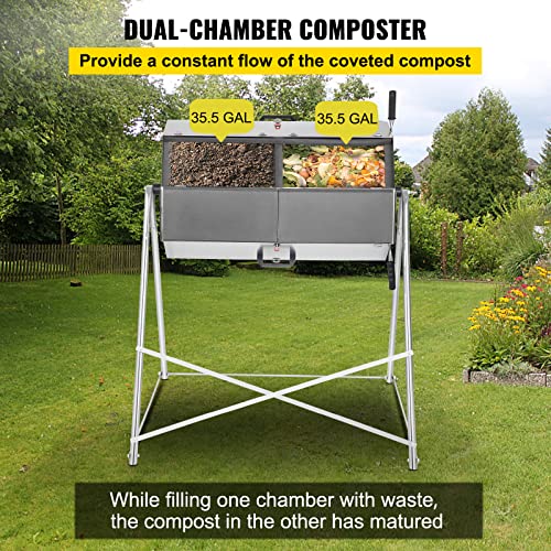 VEVOR Compost Tumbler, 71 US Gallons, Rustproof Stainless Steel Dual-Chamber Garden Composter, Heavy-Duty, All-Season Outdoor Compost Bin, Fast-Working System for Composting Kitchen & Yard Waste