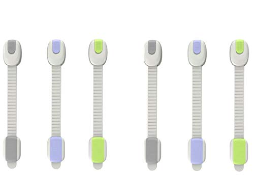 Child Safety Door Latch - Baby Proofing Adhesive Locks Latch to Cabinet Door, Drawer, Glass - Simple Install - No Drill - Adjustable Length (6 Pieces Per Pack: Grey,Blue,Green)