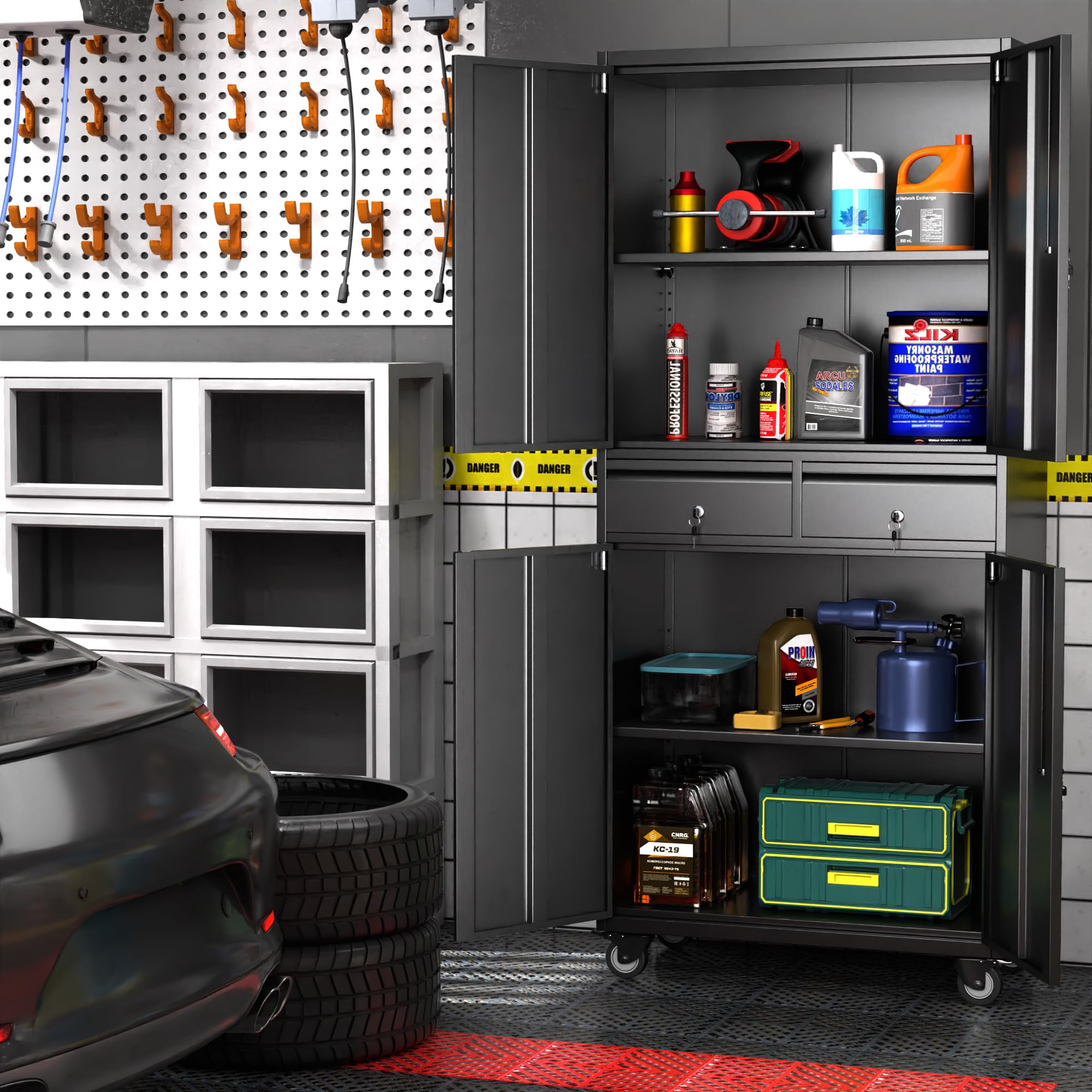 GLADIW Garage Storage Cabinet with Wheels, Metal Garage Storage Cabinet with 2 Drawers and 2 Adjustable Shelves for Homes, Offices, Kitchens, Schools and Pantries