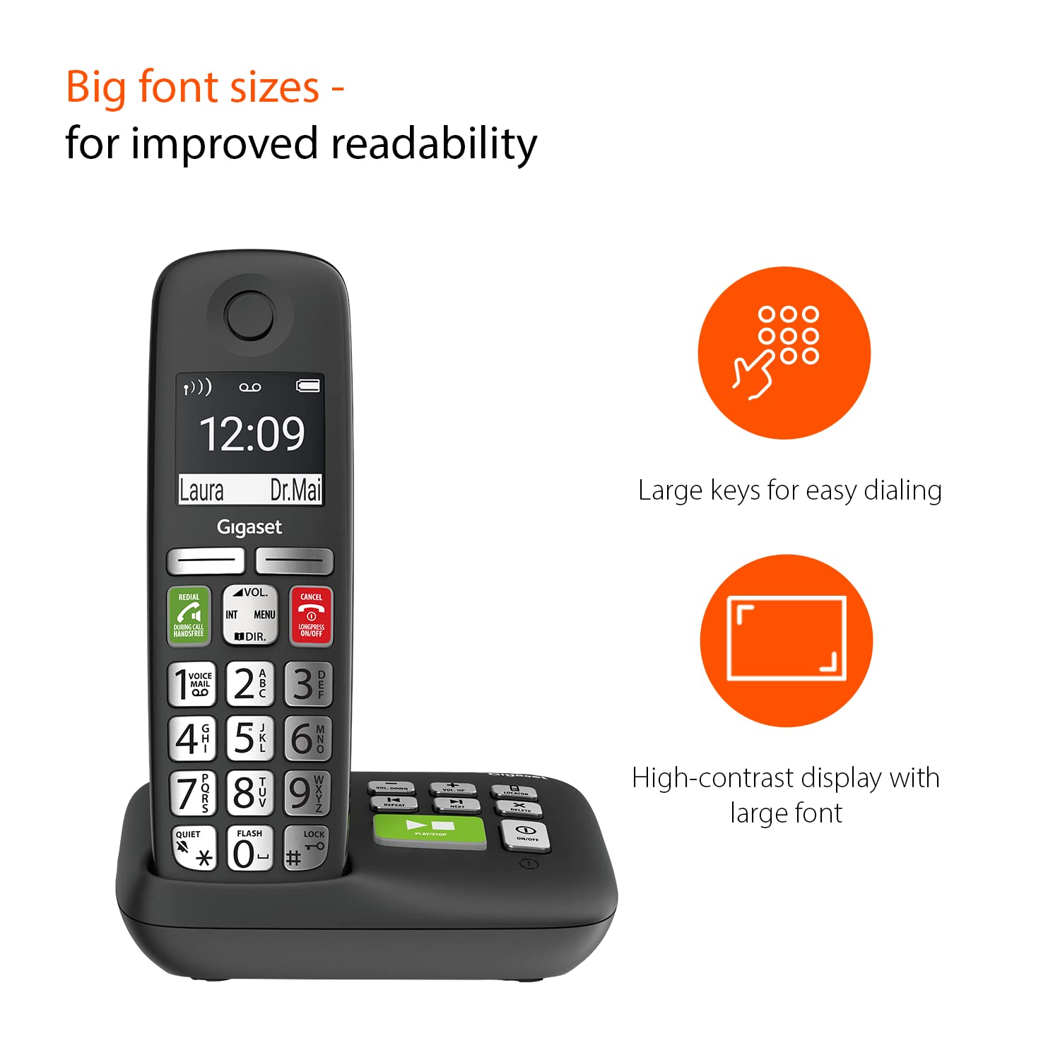 Gigaset E295A Duo – Two Big Button Phones Cordless – Made in Germany – Big 2” Display – Extra Large Keys and Easy Usability – Call-Blocker – Phonebook with 100 Contacts, Black