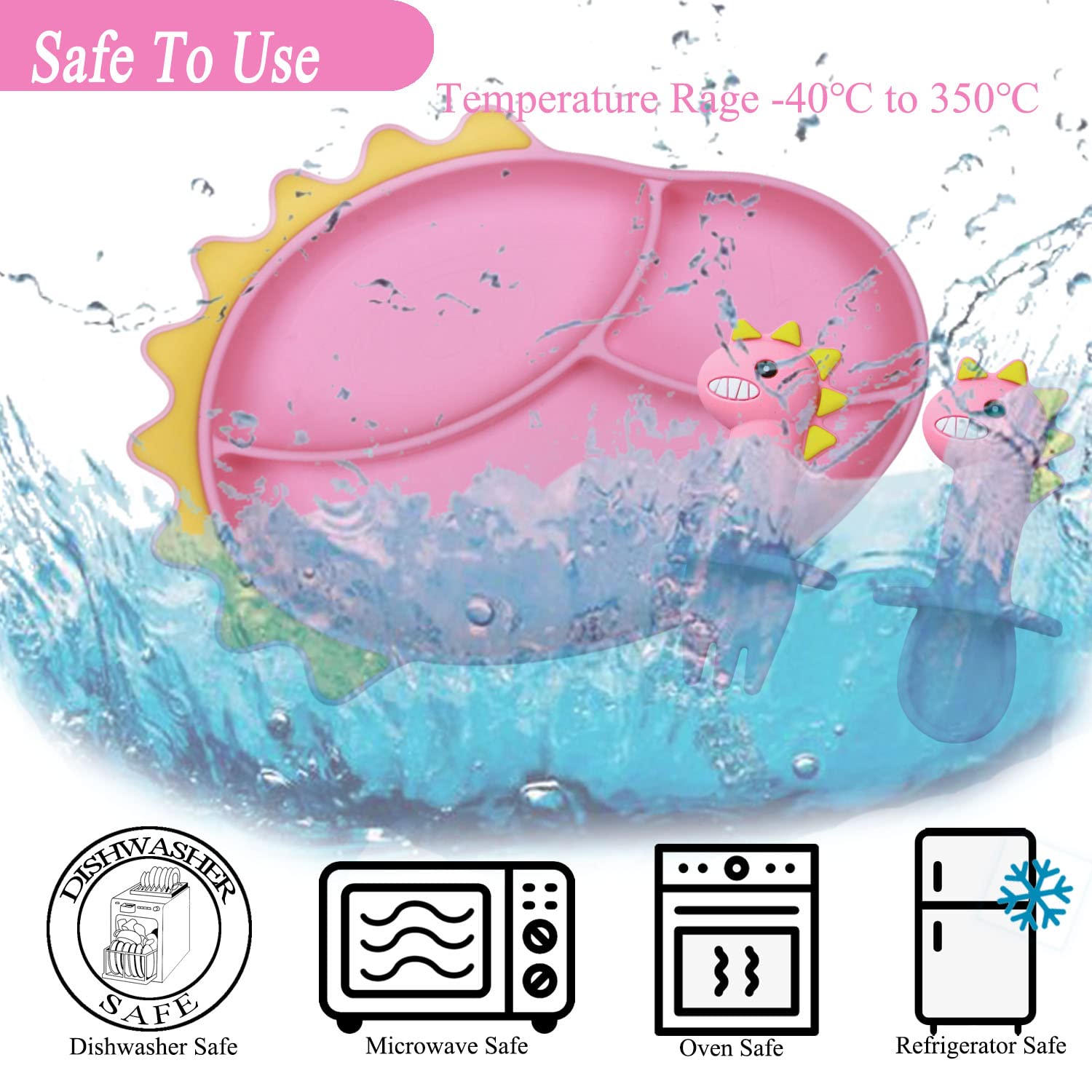 KAVONOI Baby Feeding Set,Silicone Suction Plate Dinosaur Shape SelfFeeding Adjustable Bib, Suction Plate for Baby Toddler with Spoon Fork Adjustable Bib Set -Pink Dinosaurs