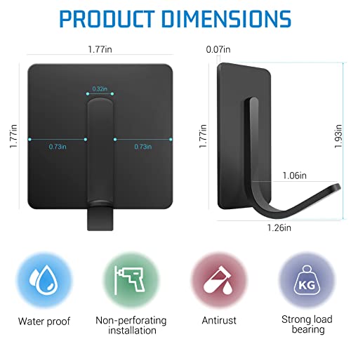 Platybelodon 8 Packs Stick on Hooks Heavy Duty Adhesive Hooks Black Hooks for Hanging Robe Towel Hooks Stainless Steel Waterproof Bathroom Hooks Adhesive Hooks for Kitchen Wardrobe Sticky Hooks