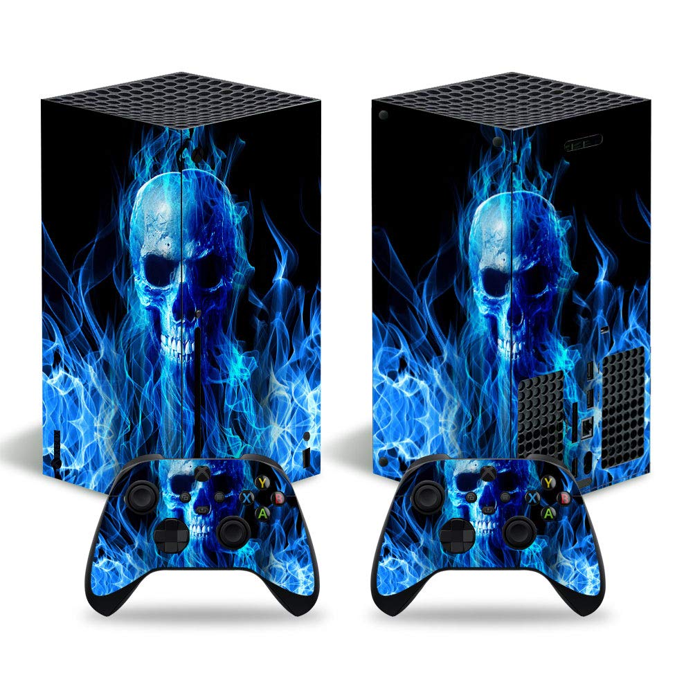 Whole Body Protective Vinyl Skin Decal Cover for Series X Console with Two Free Wireless Controller Decals - Blue Flame Grimace