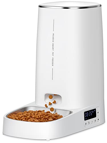 ROJECO Automatic Cat Feeders, 4L Cat Food Dispenser with Meals and Portion Programmable,Detachable Body Design for Cleaning, Dual Power Supply and Low Food Alarms, Auto Timed Feeder for Cats and Dogs