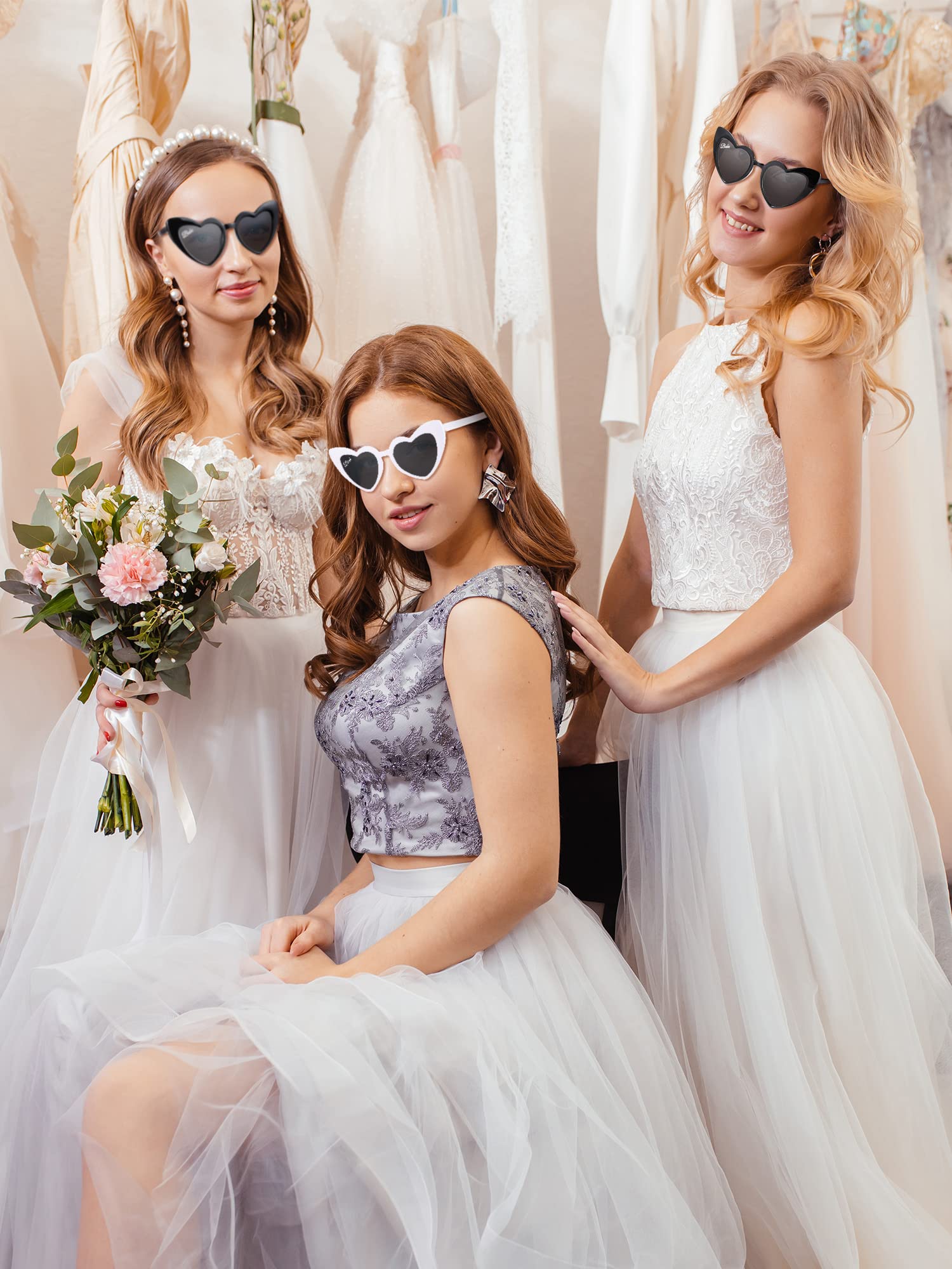 Dunzy 16 Pairs Bachelorette Heart Shaped Sunglasses Heart Sunglasses Bride Bridesmaids Sunglasses for Wedding(White, Pink)