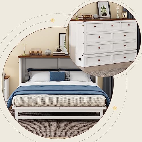 Melpoemene Murphy Bed Chest with Charging Station,Queen Size Murphy Cabinet Bed with 2 Drawers,White+Walnut