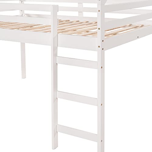 Merax Wooden Montessori Low Loft Bed with Slide Stairs, Full Guardrail House Loft Bunk Bed for Kids Boys,Girls, No Box Spring Need Full White