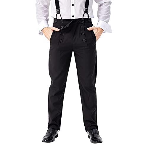 Mens Medieval Steampunk Pants Classic Victorian High Waist Fall Front Trousers,34-36 Black