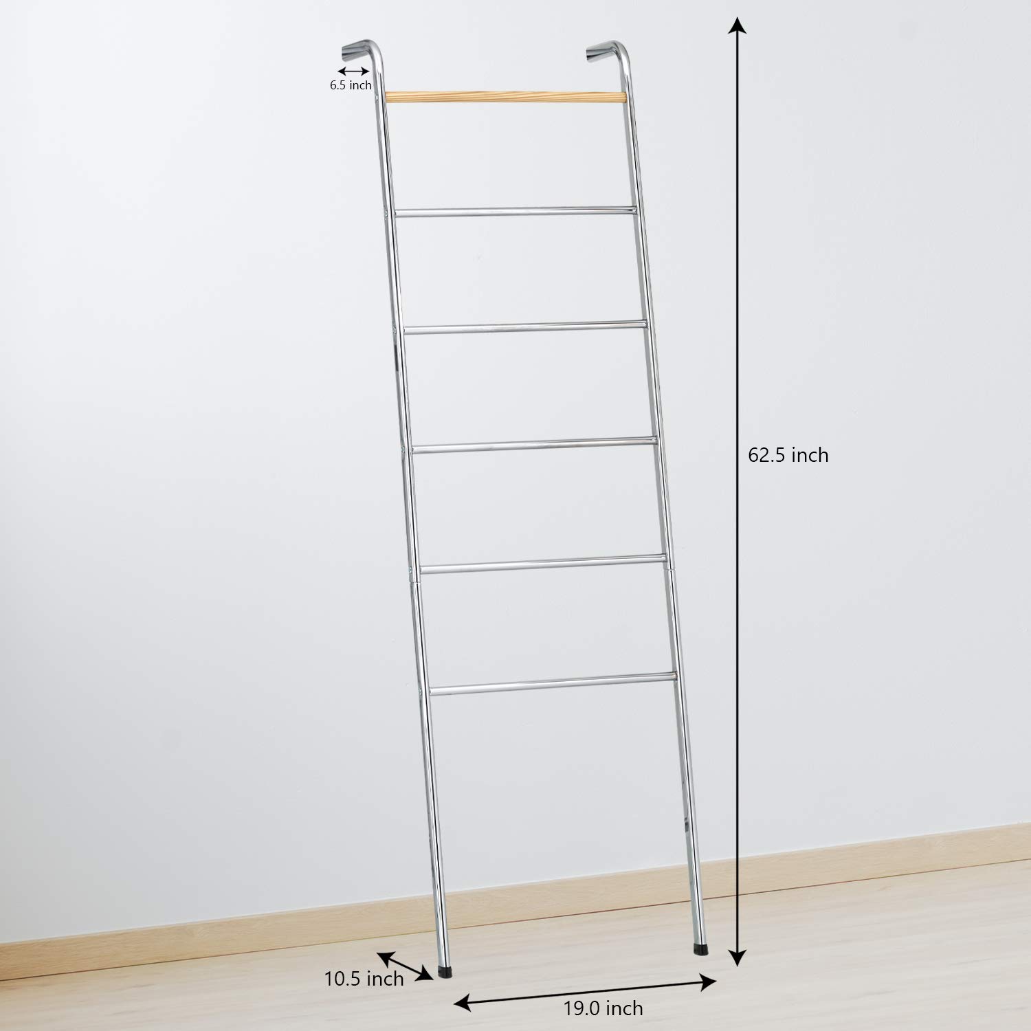 MyGift 6 Rung Silver Chrome Plated Metal Wall Leaning Bath Towel Storage Ladder, Freestanding Bathroom Drying Rack for Towels with Top and Bottom Non Slip Rubber Feet