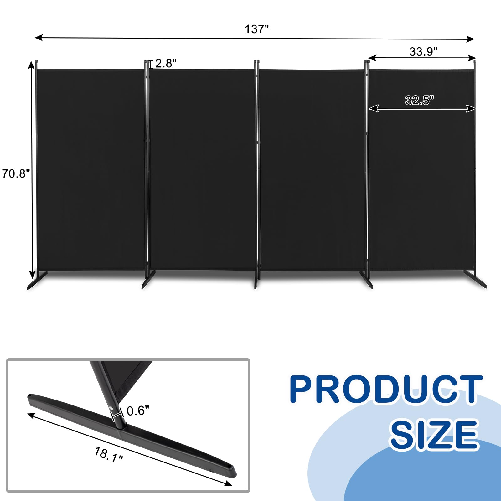 IMSEIGO 6 FT Folding Room Divider, Foldable & Portable Privacy Screens, 4 Panel Room Partition and Dividers, Indoor Room Privacy Fabric Screens for Home, Dorm, Office, Bedroom, Restaurant,Black