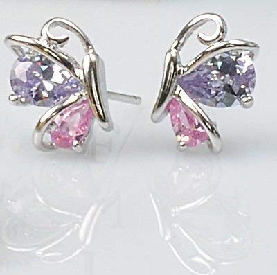 Crystalline Azuria Butterflies Stud Earrings with Pink Purple Violet Zirconia Crystals 18K White Gold Plated for Women