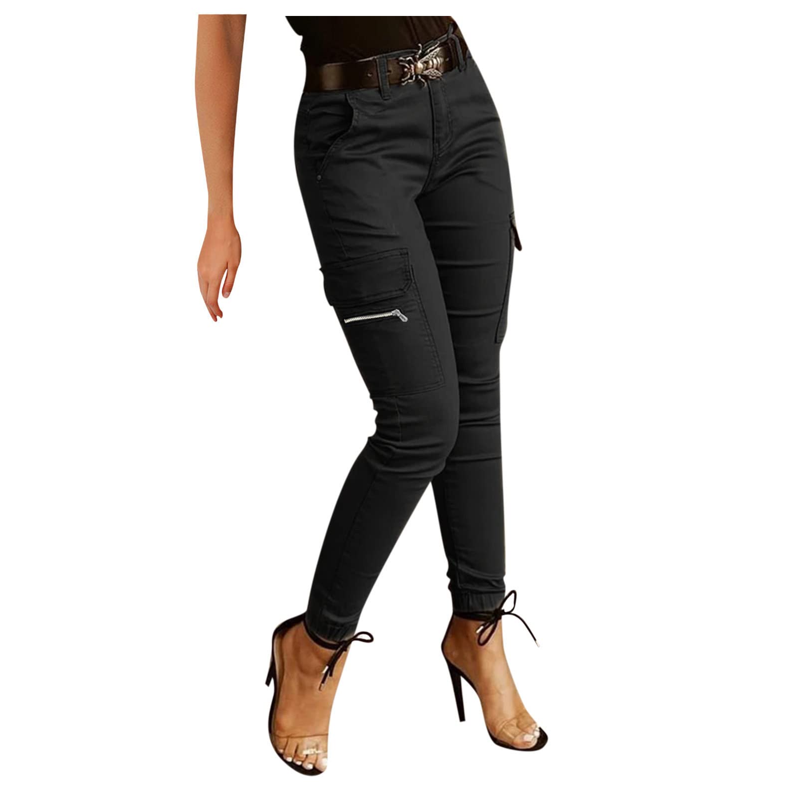 DUOWEI Push up Yoga Pants Casual Women's Solid Cargo Pants Belt Casual Zipper Pocket Without Crazy Yoga Pants with Po Black