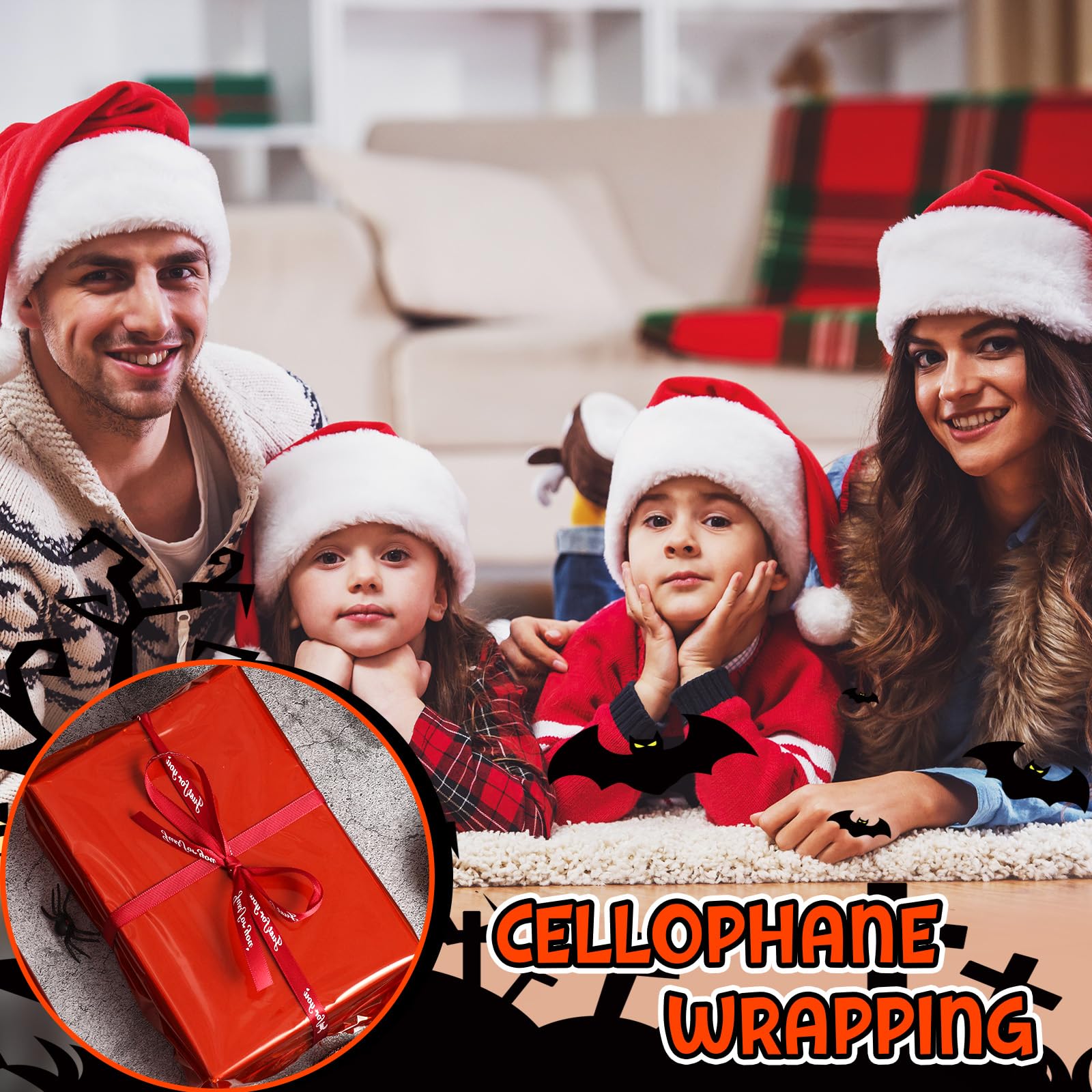 Cholemy 4 Rolls Halloween Clear Cellophane Wrap Roll 100ft Wrapping Roll 2.3 Mil Cellophane Wrap Gift Halloween Candy Bags Roll for Halloween Gifts Baskets Arts(Orange, Black, 31.5 Inch Wide)