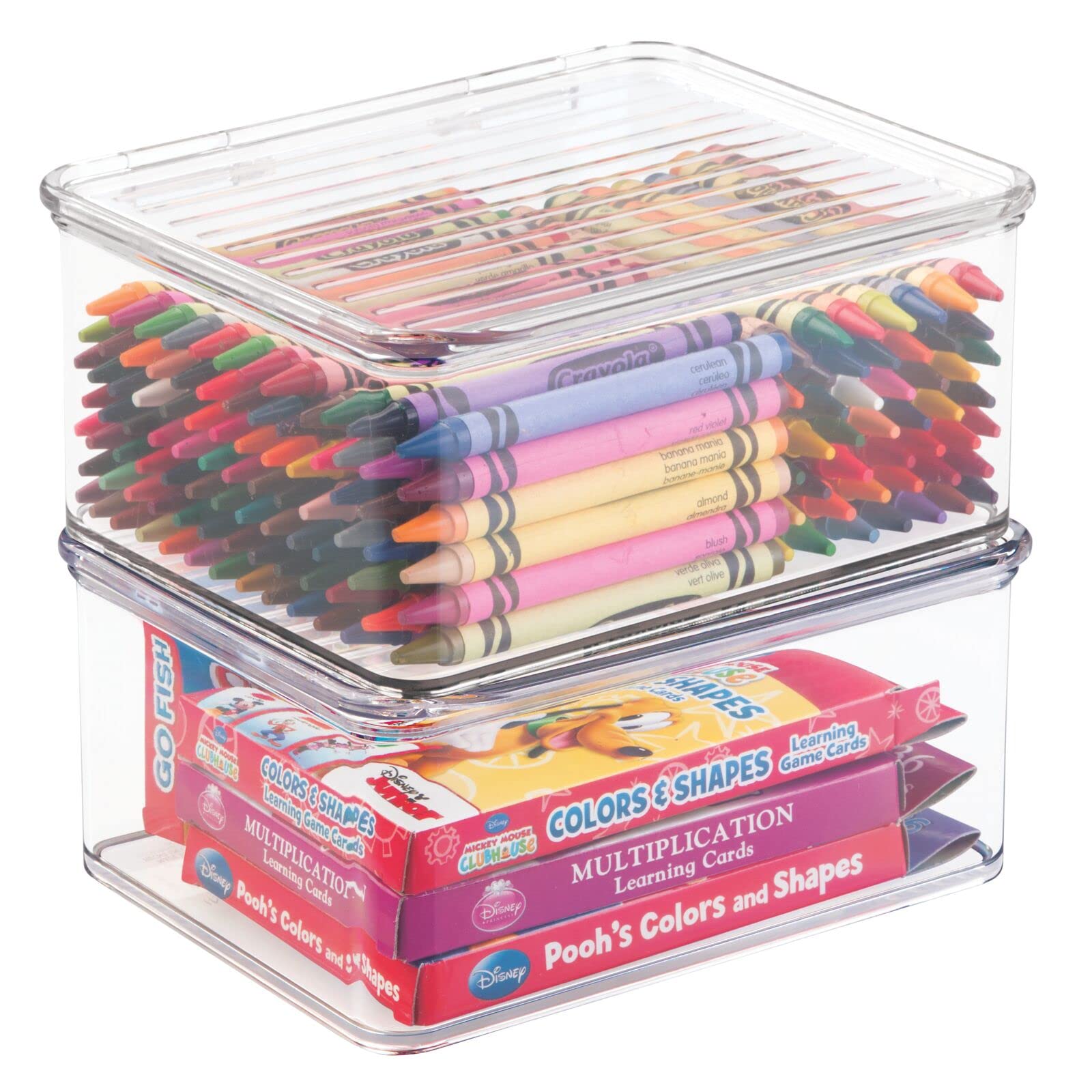 mDesign Plastic Playroom/Gaming Storage Organizer Box Containers, Hinged Lid for Shelves or Cubby, Holds Small Toys, Building Blocks, Puzzles, Markers, Lumiere Collection, Clear