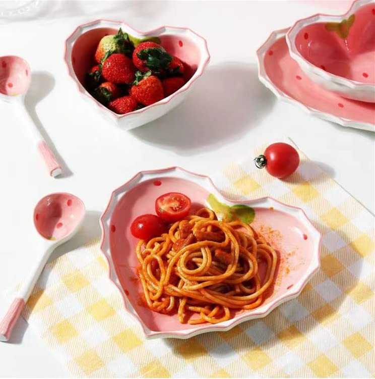 ENPAP Strawberry-shaped heart-shaped ceramic bowl, sturdy salad bowl, for cereals, salads, soups, salads and ceramic lettuce, for oatmeal, ceramic (pink)