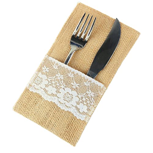 FQTANJU 10 PCS 4"x8.5" Hessian Burlap Lace Wedding Cutlery Holder Pouch Rustic Decorations Favor (10 PCS) (10 Pcs Natural Color)