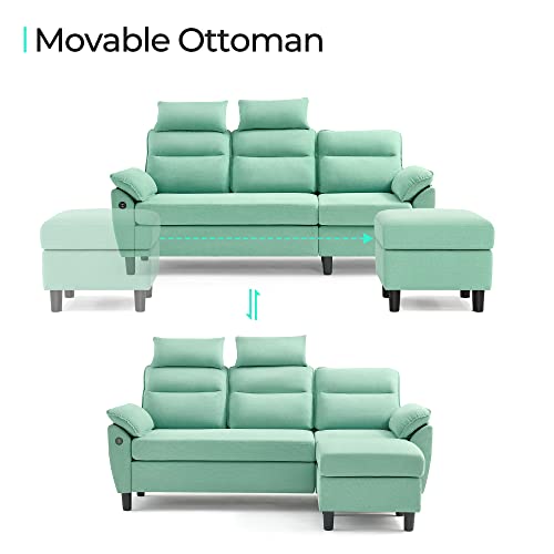 LINSY HOME Sectional Sofa, High Back Sectional Couch with Ottoman, 2 USB and Storage Bags, L Shaped Sofa with Extra Headrests, Small Sectional Sofa Set for Living Room, Apartment, Teal