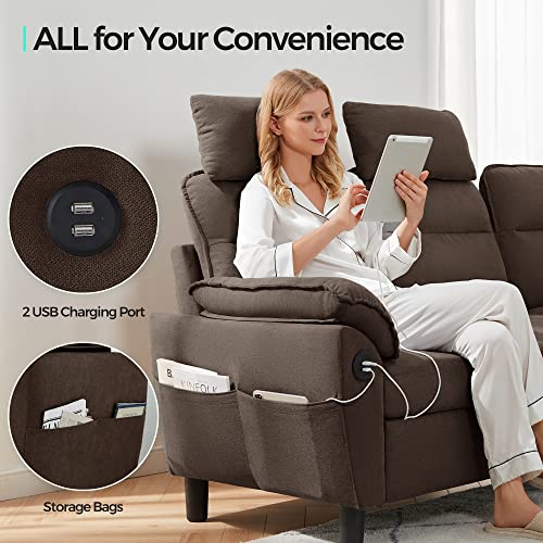 LINSY HOME Sectional Sofa Couch, 3 Seat Small Couch with 2 USB Ports and Storage Pockets, Easy to Clean, Modern Small Sofa for Small Spaces, Living Room, Apartment, Brown