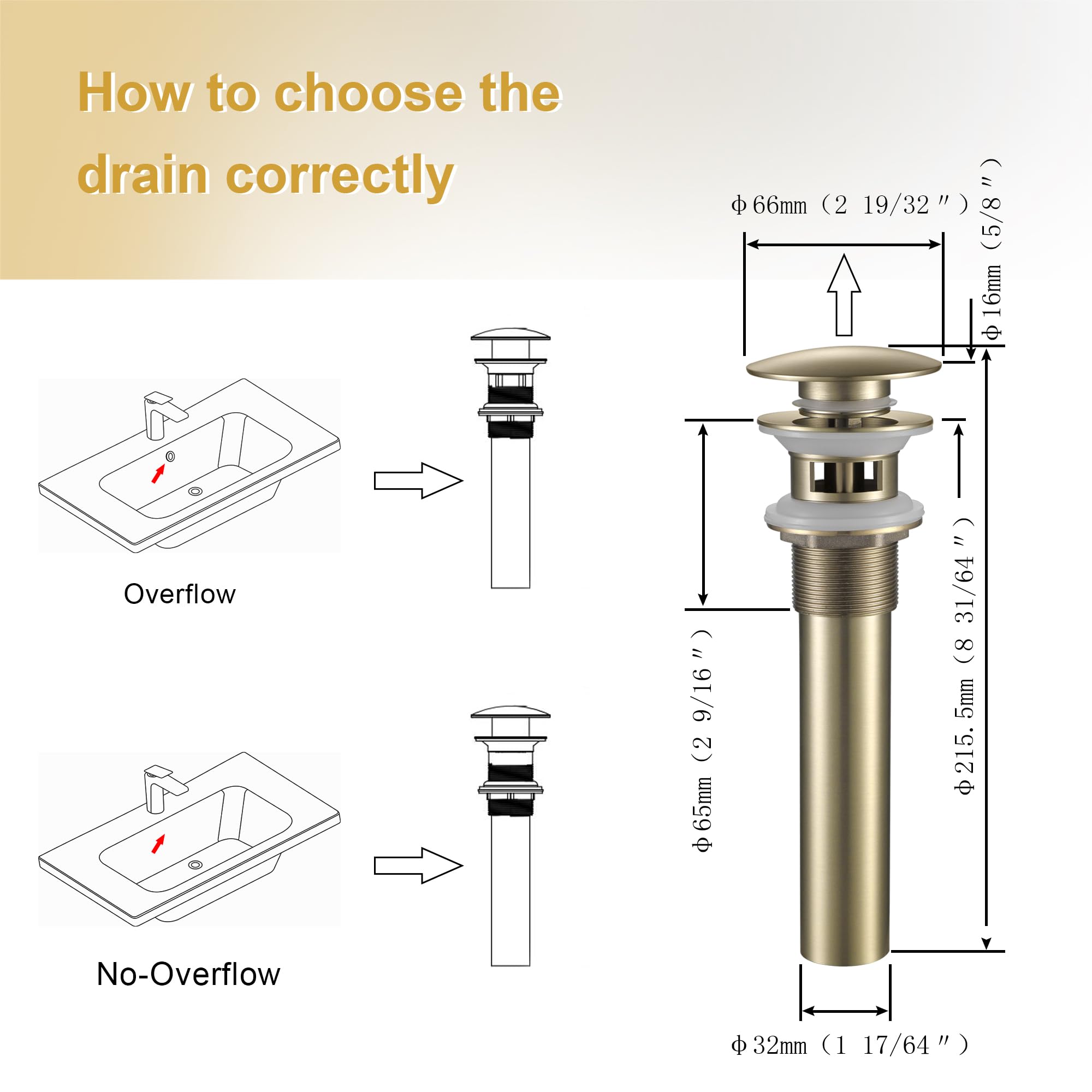 Indare Bathroom Sink Drain with Strainer Basket Anti Clog Pop Up Drain Stopper Vanity Vessel Sink with Overflow,Brushed Gold