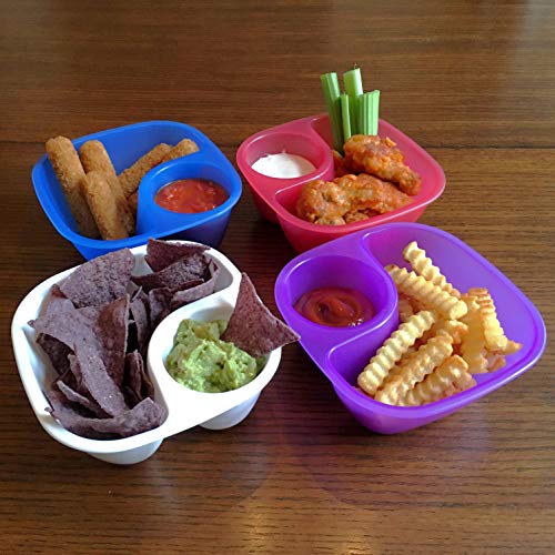 Rolling Sands Reusable Snack and Dip Bowls, 5 Pack, USA Made, Dishwasher and Microwave Safe Personal Size Plastic Divider Bowls, BPA-Free, Two Compartments to Hold Dips, Snacks and Treats