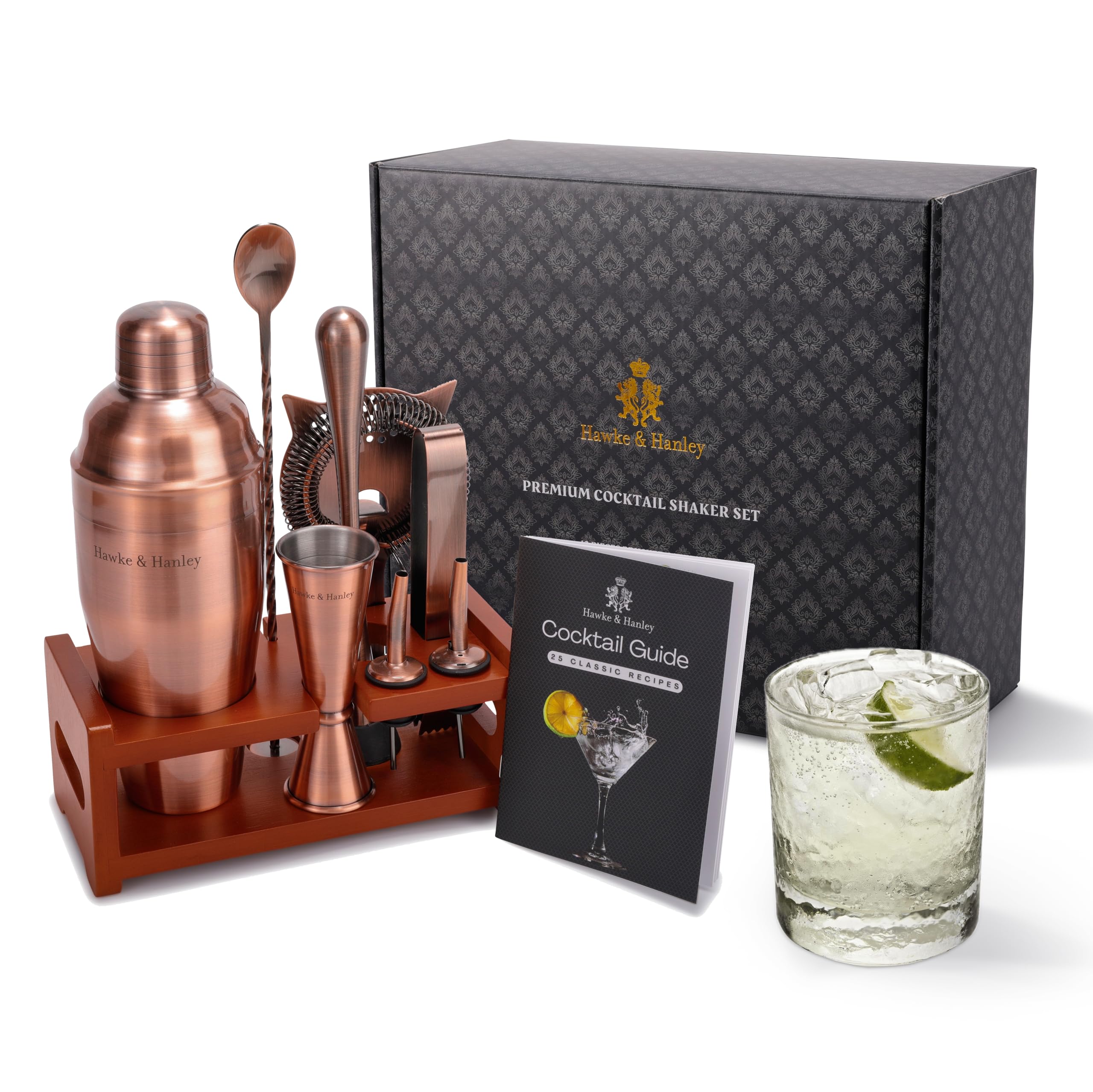 Hawke & Hanley Premium Cocktail Shaker Set Bartender Kit - 10 Piece Brushed Copper Mixology Bar Set with a 24 oz Martini Shaker, Bar Tools and a Bamboo Stand - Housewarming Gift Ideas for New Home