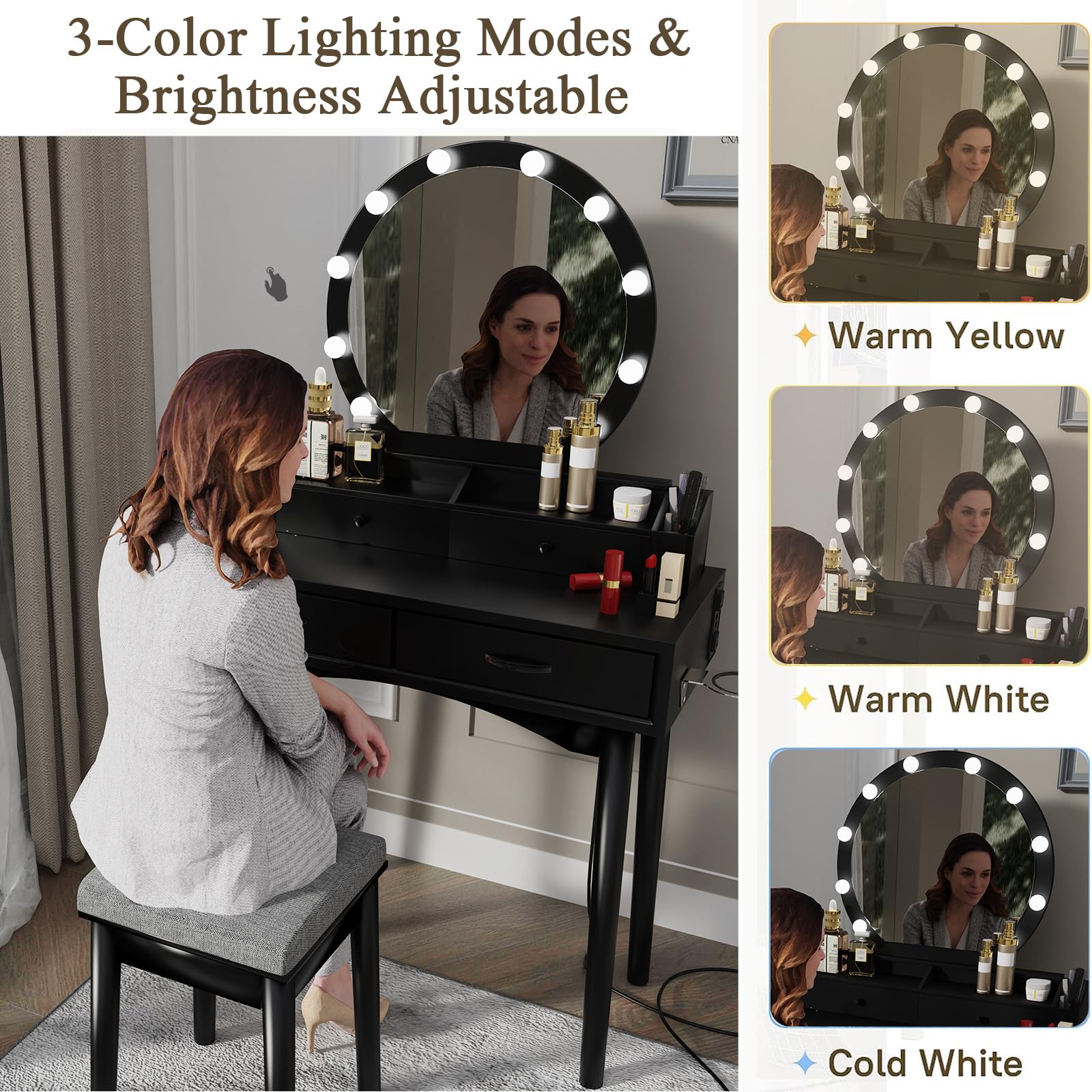 ISHARINGTIME Vanity Desk with Mirror and Lights, Small Vanity with Adjustable Brightness Mirror, Makeup Vanity Table Set with Power Outlet & Cushioned Stool, Dressing Table for Bedroom (Black)