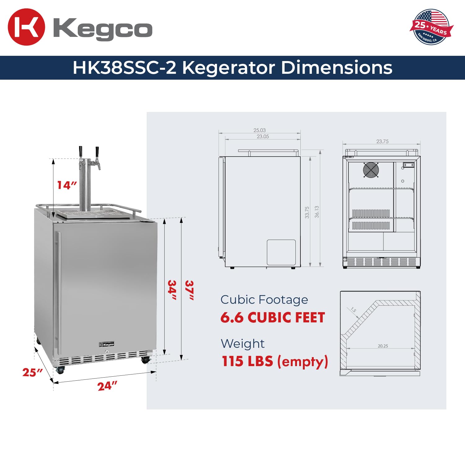 Kegco Kegerator 24" Wide Dual Tap Stainless Steel Commercial Beer Dispenser HK38SSC-2