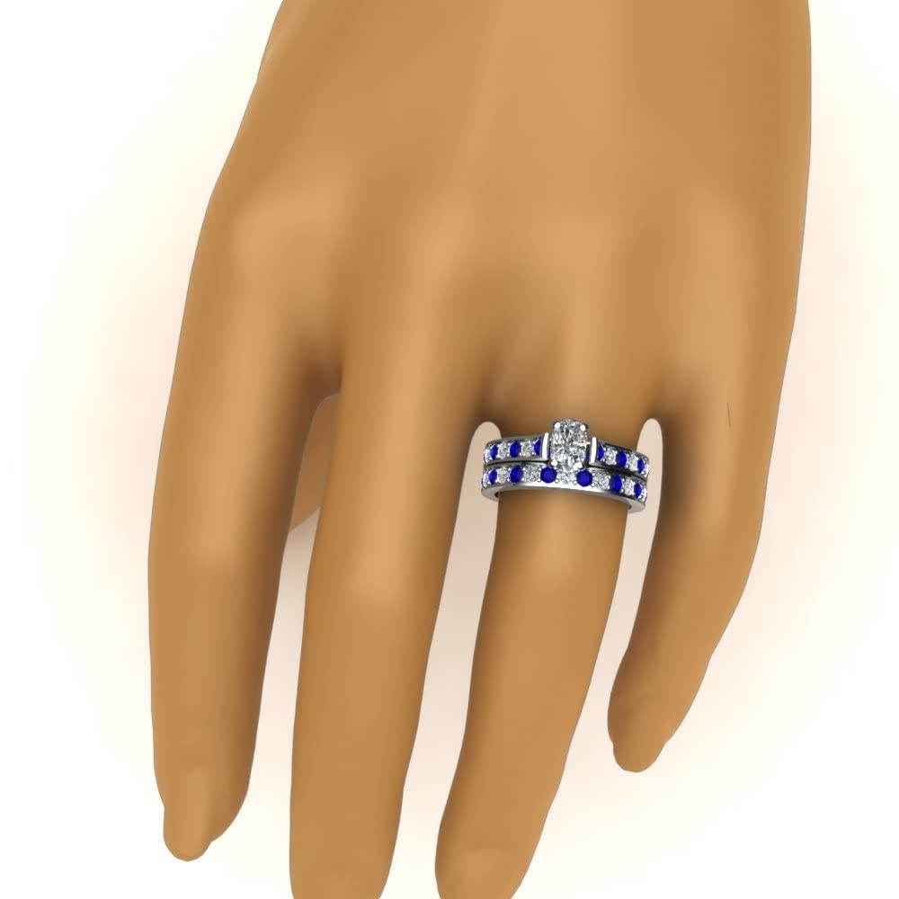 CustomizedGifts Cathedral Pave Diamond Bridal Set sterling silver Created Blue Sapphire Cushion shape Blue color Wedding Ring Sets pave Setting in Size 7 Party Wear Daily Wear Ornament