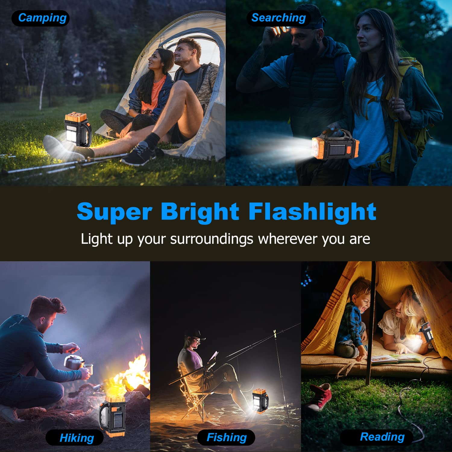 HUBAKO Two Side Solar Handheld Flashlight with COB Sidelight, High Bright 8 Modes Spotlight with USB Cable, Rechargeable Portable LED Searchlight for Outdoor Hunting Boating Camping Emergencies