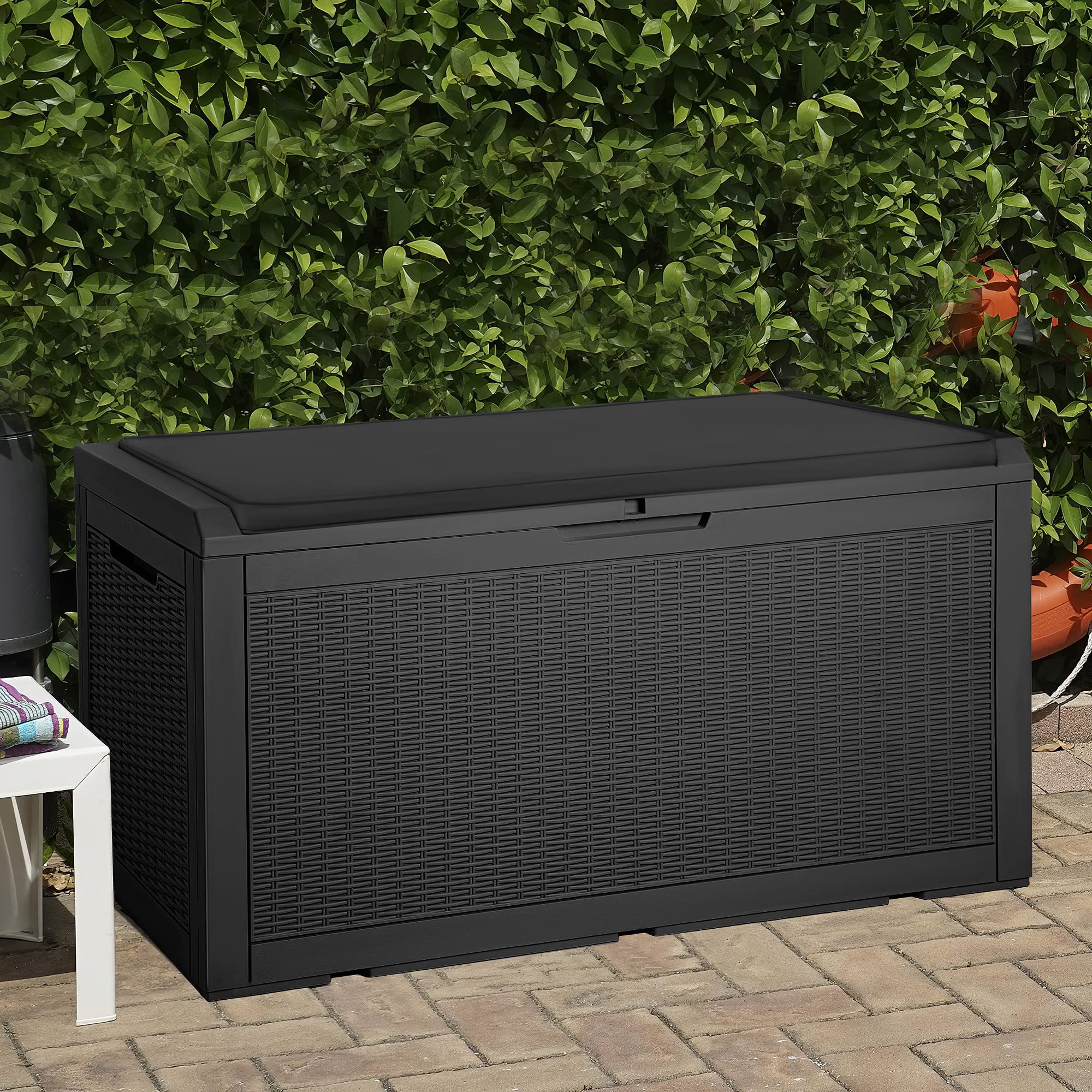Flamaker Deck Box with Cushion 100 Gallon Resin Waterproof Storage Box Large Outdoor Storage Bench for Patio Cushions, Toys, Pool Accessories (Black)