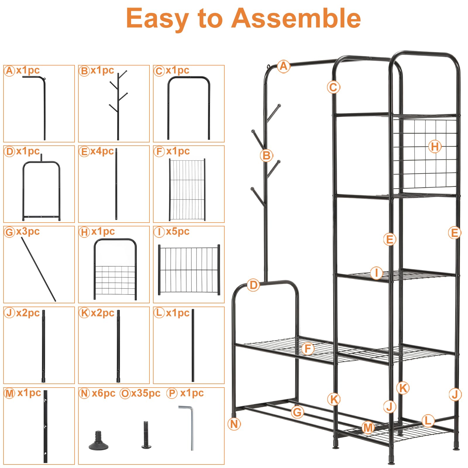 HEOMU Garment Rack with Shelves, Freestanding Clothes Rack, Portable Clothing Racks for Hanging Clothes, Coats, Shirts, Black