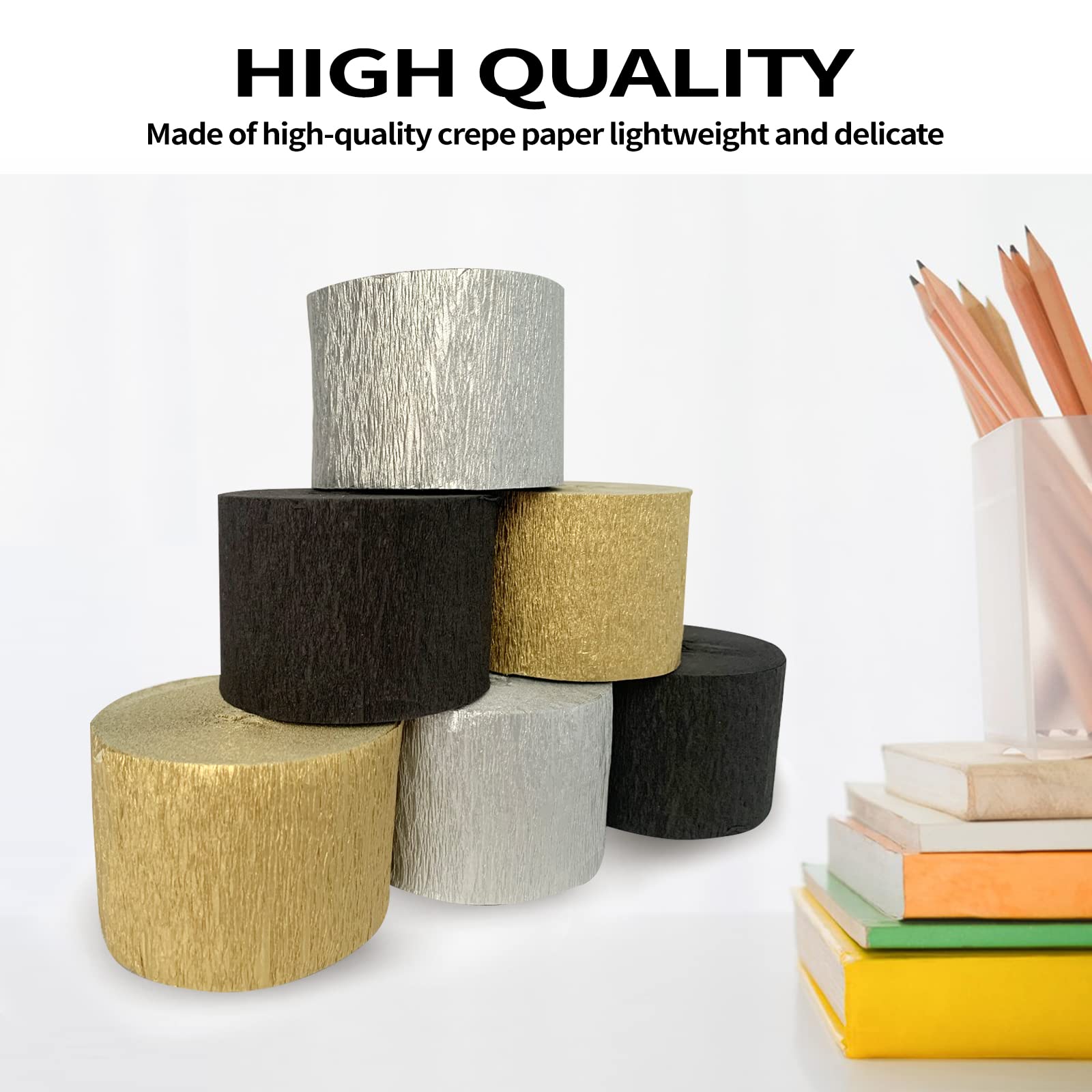 Crepe Paper Streamers 6 Rolls 492ft, Pack of 2 Gold, 2 Silver, 2 Black - Streamers Party Decorations Streamers (1.8 Inch x 82 Ft/Roll),for Party Decorations Birthday Decorations, Wedding Decorations