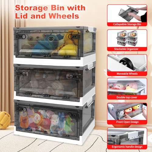DR DAPPER Toy Box, Toy Organizers Storage Bins, Stackable Collapsible Storage Bins with Lids and Wheels, 3 Open Doors, Foldable Boxes Storage Containers for Toys, Plastic Toy Box