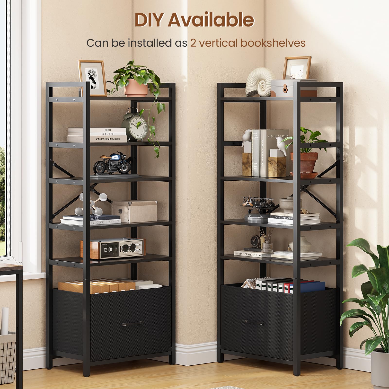 Itaar Triple 4 Tier Bookshelf with Drawers, Bookcase with Open Display Shelves, Industrial Wide Book Shelf with Metal Frame for Living Room, Office, Kitchen, Black