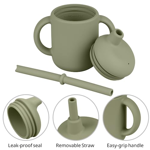 Mintlyfe Silicone Baby Cups With Lids, Silicone Trainer Cup Toddler for Boys and Girls, Training Straw Cup, Unbreakable, Spill Proof and Non-Slip Handles Sippy Cup for Toddlers, 4 oz (Sage)