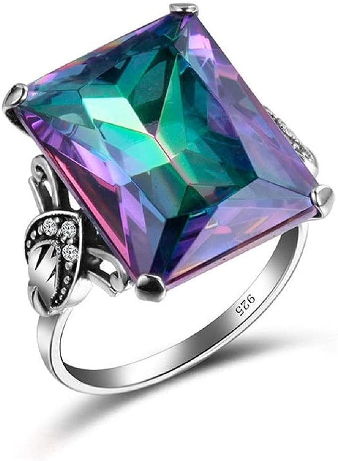 CTDFJRYFF 925 Sterling Silver Natural Topaz Ring 5ct Square Perfect Cut Rainbow Topaz Promise Ring CZ Eternal Engagement Wedding Ring (US Code 5-12) COLOUR(11)