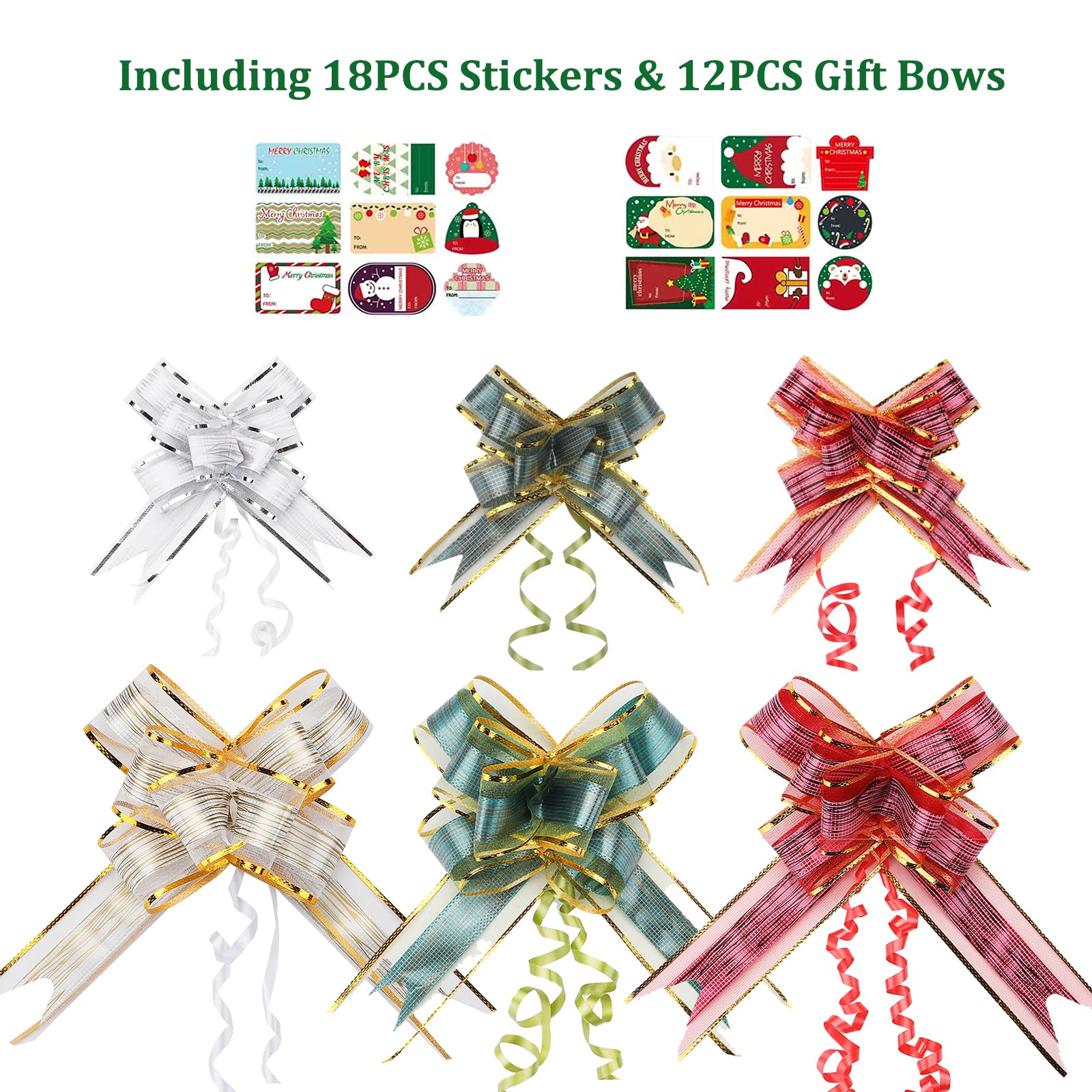 PintreeLand 12 Sheets Christmas Wrapping Paper Set(6 Large&6 Small, 59 Sq. Ft. Ttl) with 12PCS Gift Bows and Labels - Vintage Red Green Xmas Holiday Kraft Present Wrap Paper