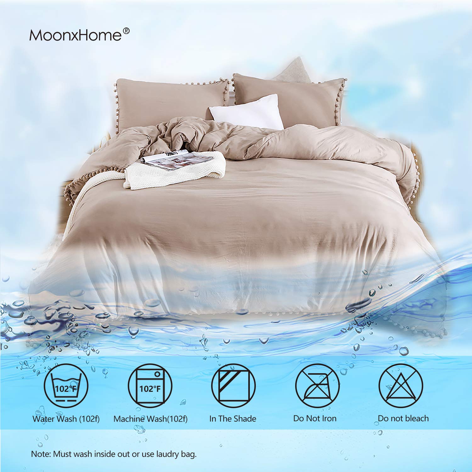 MoonxHome Duvet Cover Set Queen Size Boho Aesthetic Comforter Cover Bed Set Ball Pom Poms Fringe Luxury 100% Super Soft Microfiber 3 Piece Duvet Cover Set Includes 2 Pillow Shams Tawny