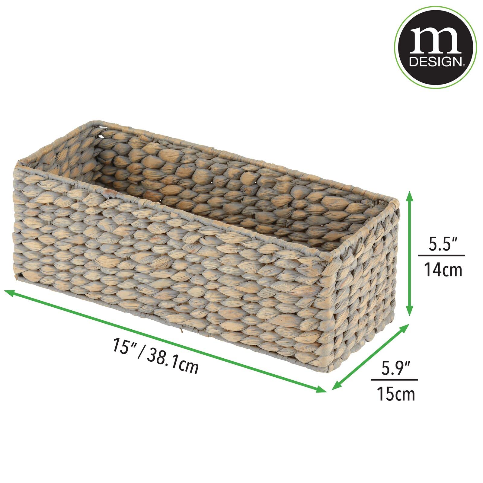 mDesign Woven Hyacinth Narrow Bathroom Toilet Roll Holder Storage Organizer Basket Bin - Rectangle Containers for Bathroom, Toilet Tank - Hold 3 Rolls of Toilet Paper - 2 Pack - Gray