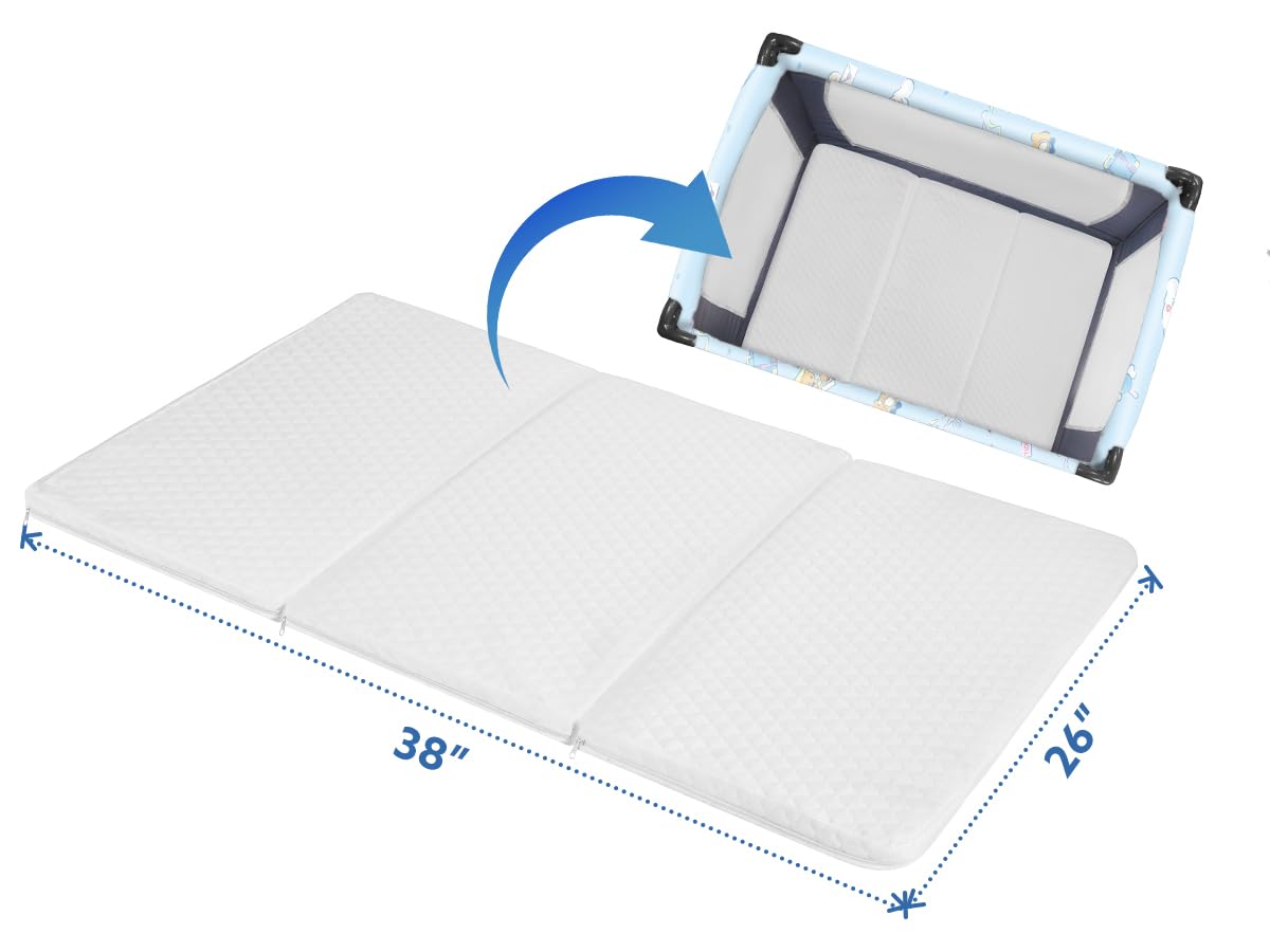 Criblike Trifold Pack and Play Mattress, Waterproof Playpen Mattress, Portable Crib Mattress Topper, with Soft Washable Cover, 38ββx26ββ