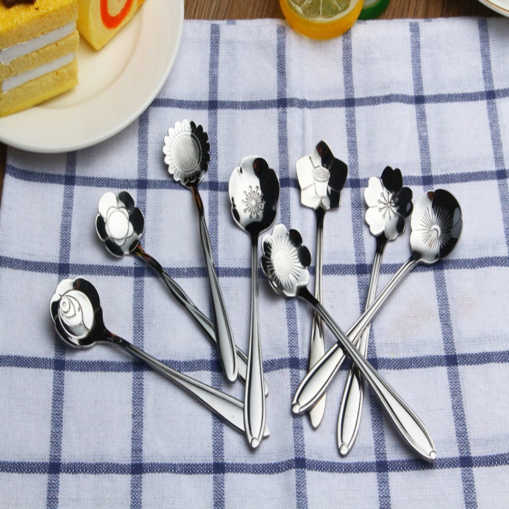 ERCRYSTO Stainless Steel Tableware Creative Flower Coffee Spoon, Stirring Spoon, Sugar Spoon, Stir Bar Spoon, Mixing Spoon, Tea Spoon, Ice Tea Spoon, Ice Cream Spoons, 8 Different Patterns in 1 Set