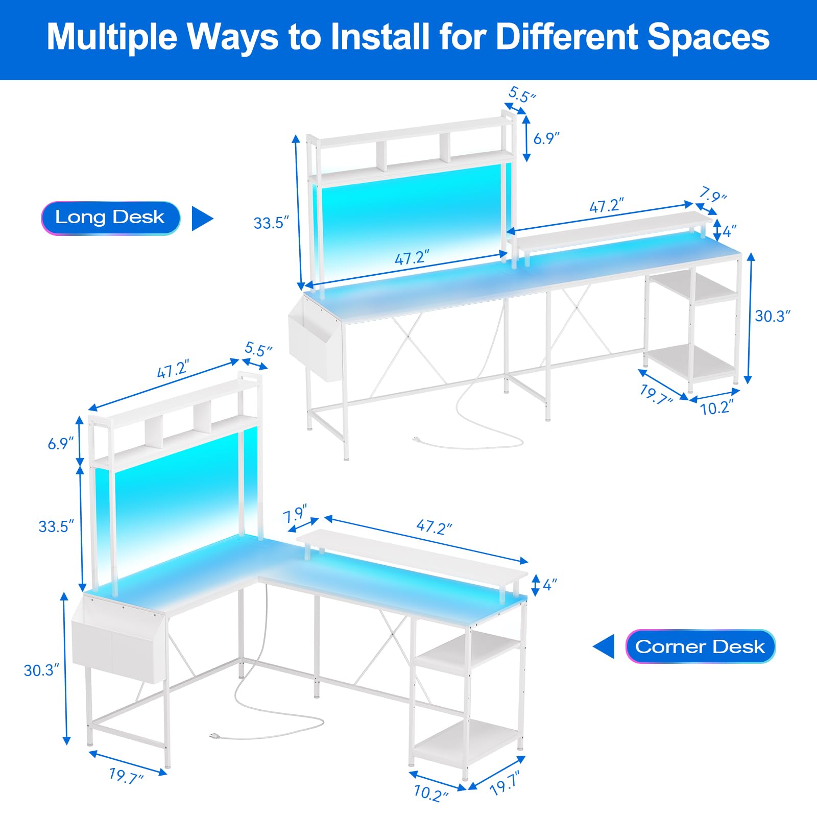 Jojoka L Shaped Computer Gaming Desk with LED Lights & Power Outlets, 67" Reversible Large L-Shaped Desk with Monitor Stand & Storage Shelves (White)