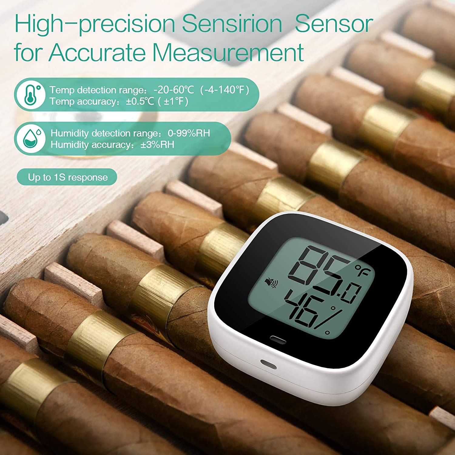 Wireless Thermometer Hygrometer for iPhone/Android, Smart Bluetooth Humidity Temperature Sensor with Alarm and Data Storage for Green House Guitar Camera Storage Humidor Incubator Monitor