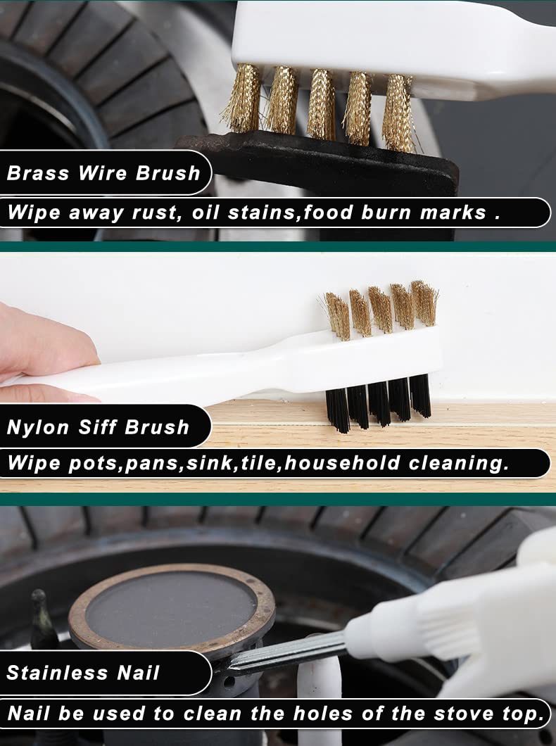 Kitchen Stove Cleaning Brush + Scraper Tool Set, Brass Wire Brushes for Range Hood Grease Grime, Rust Cleaner Heavy Duty Stainless Steel Putty Scraper for Gas Burners Cooktop Pot Pan (Brush + Scraper)