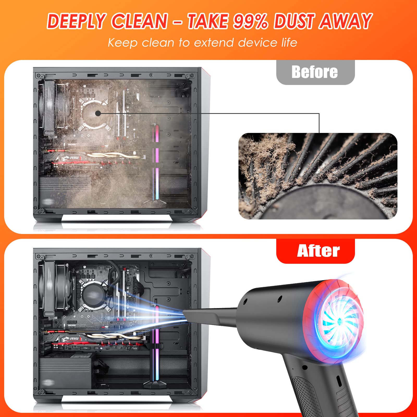 Compressed-Air-Duster, 100000RPM Keyboard Cleaner, 7800mAh Electric Air Blower Replaces Compressed Air Cans, Rechargeable Cordless Air Duster for Computer Laptop Keyboard Electronics Car Cleaning