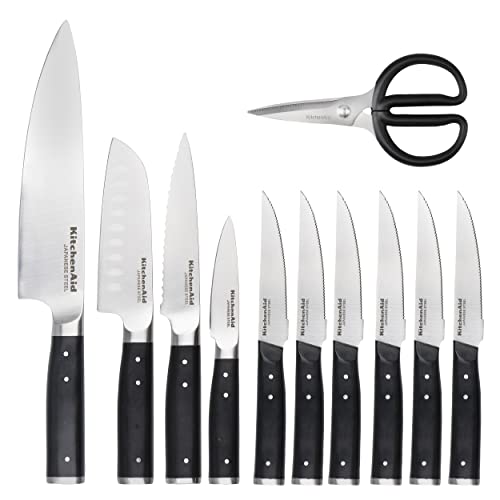 KitchenAid Gourmet 11-Piece Japanese Steel Knife Set with Sharpener and Birchwood Block