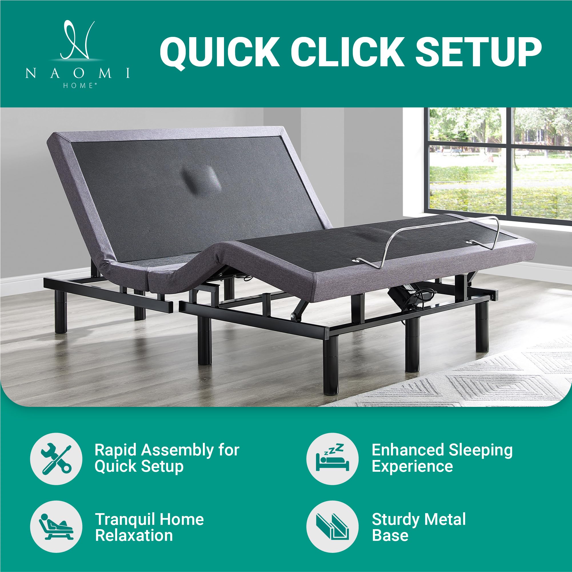 Naomi Home Idealbase Adjustable Bed Frame Full with Lumbar Support & Head Tilt, Foot Incline, Back & Leg Massage, USB Ports, Massage Bed with Wireless Remote, Ergonomic Zero-Gravity Smart Bed